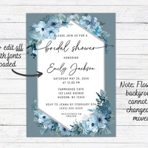 Blue and Silver Floral Bridal Shower Invitation Hexagon, Boho Editable ...