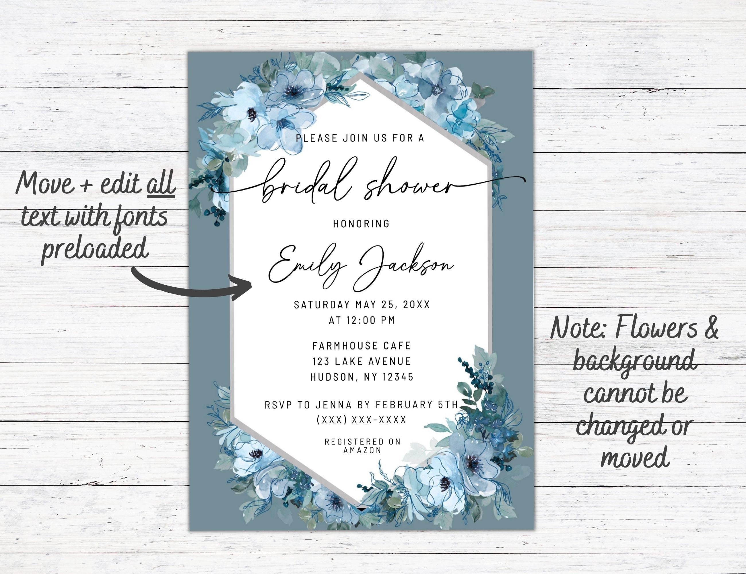 Blue and Silver Floral Bridal Shower Invitation Hexagon, Boho Editable ...