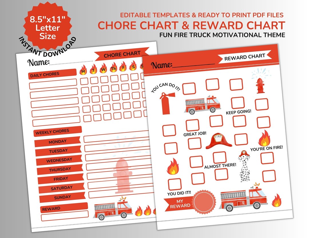 Firetruck Responsibility Chore Chart, Fire Truck Reward Chart for Kids ... Firetruck Responsibility Chore Chart, Fire Truck Reward Chart for Kids ...