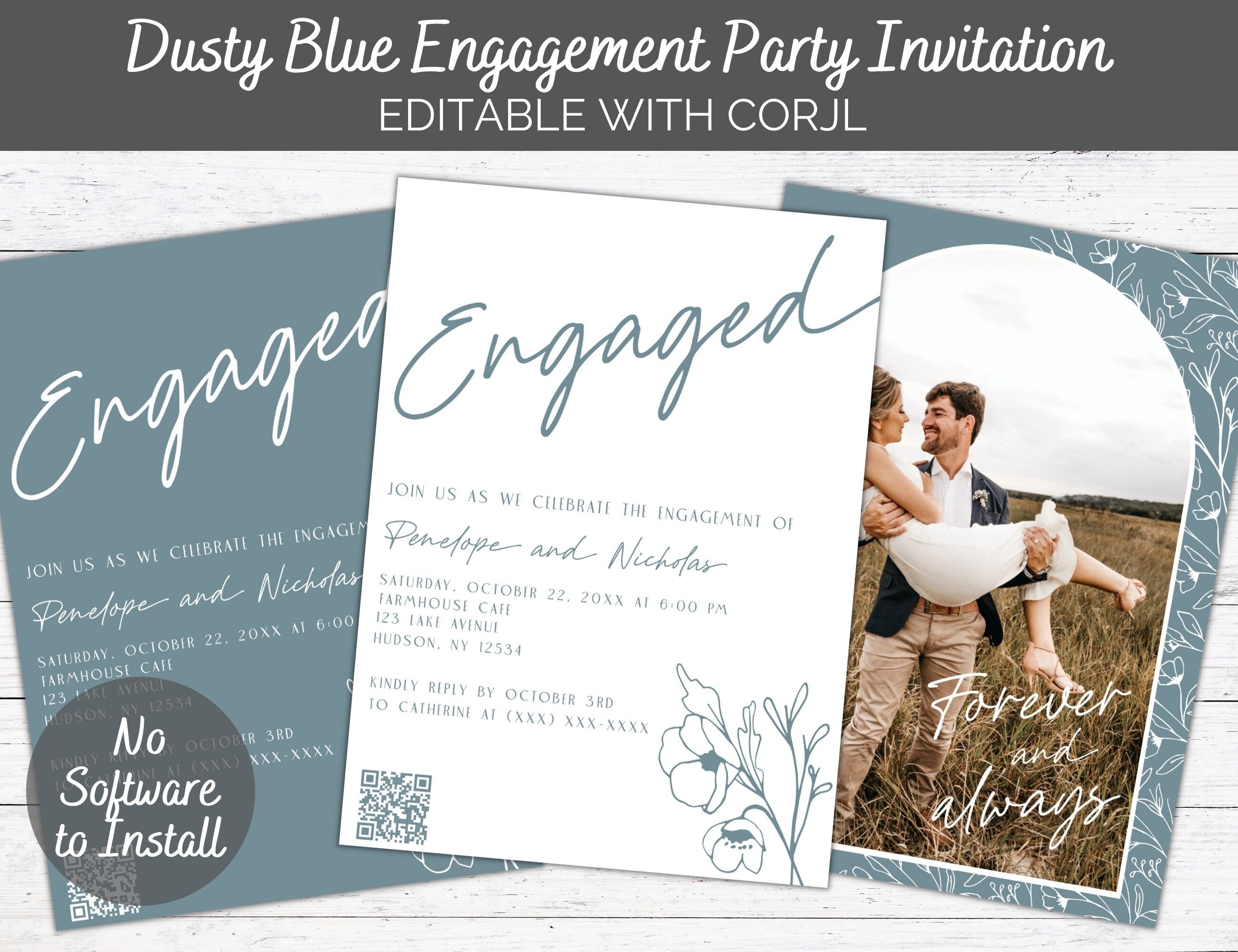 Dusty Blue Engagement Party Invitation With Photo Template, QR Code ...