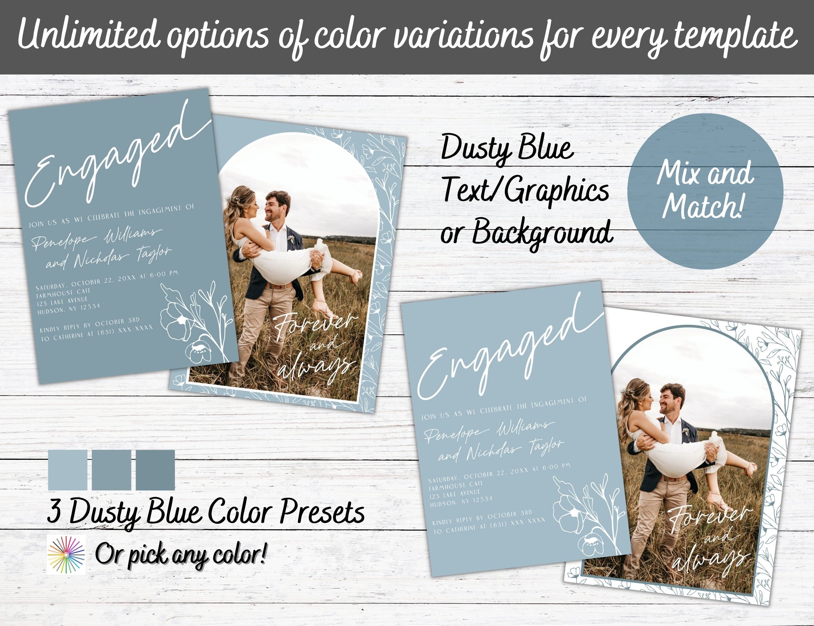 Dusty Blue Engagement Party Invitation With Photo Template, QR Code ...