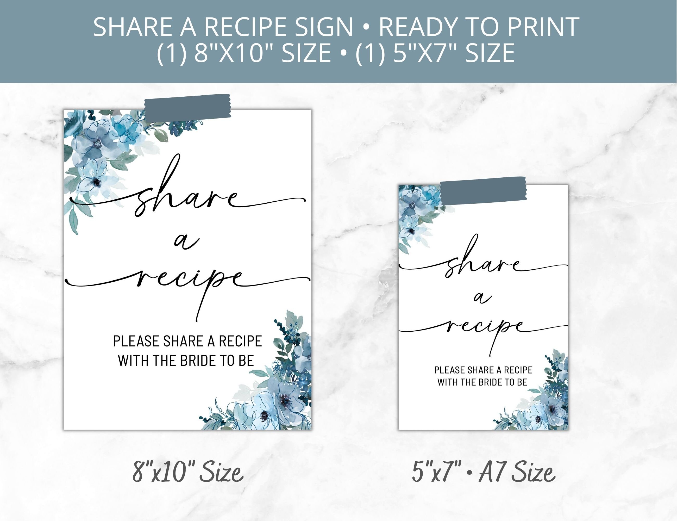 Share a Recipe Sign Printable With Bridal Shower Recipe Cards Keepsake ...