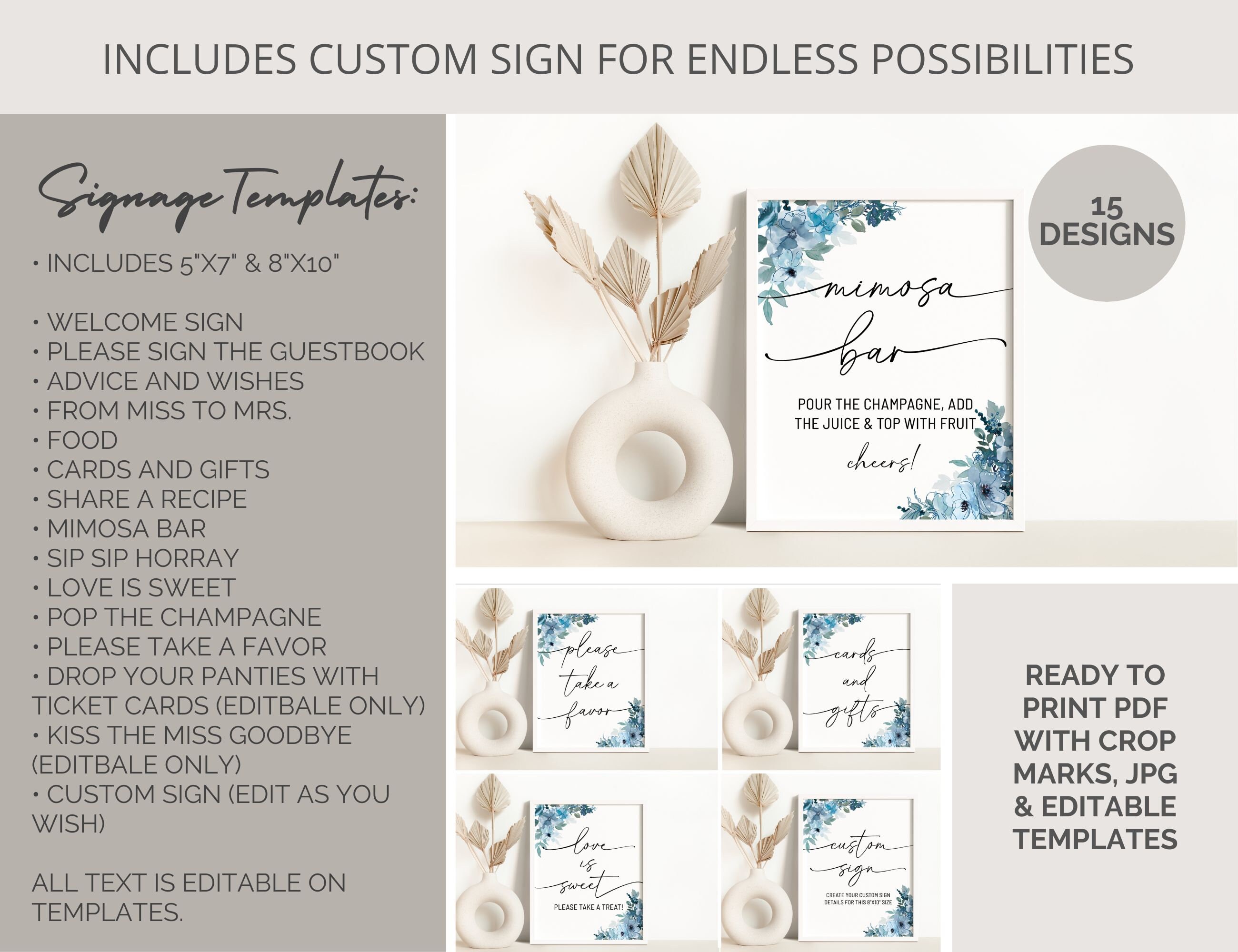 Dusty Blue Bridal Shower Bundle, Boho Floral Wedding Shower Invitation ...