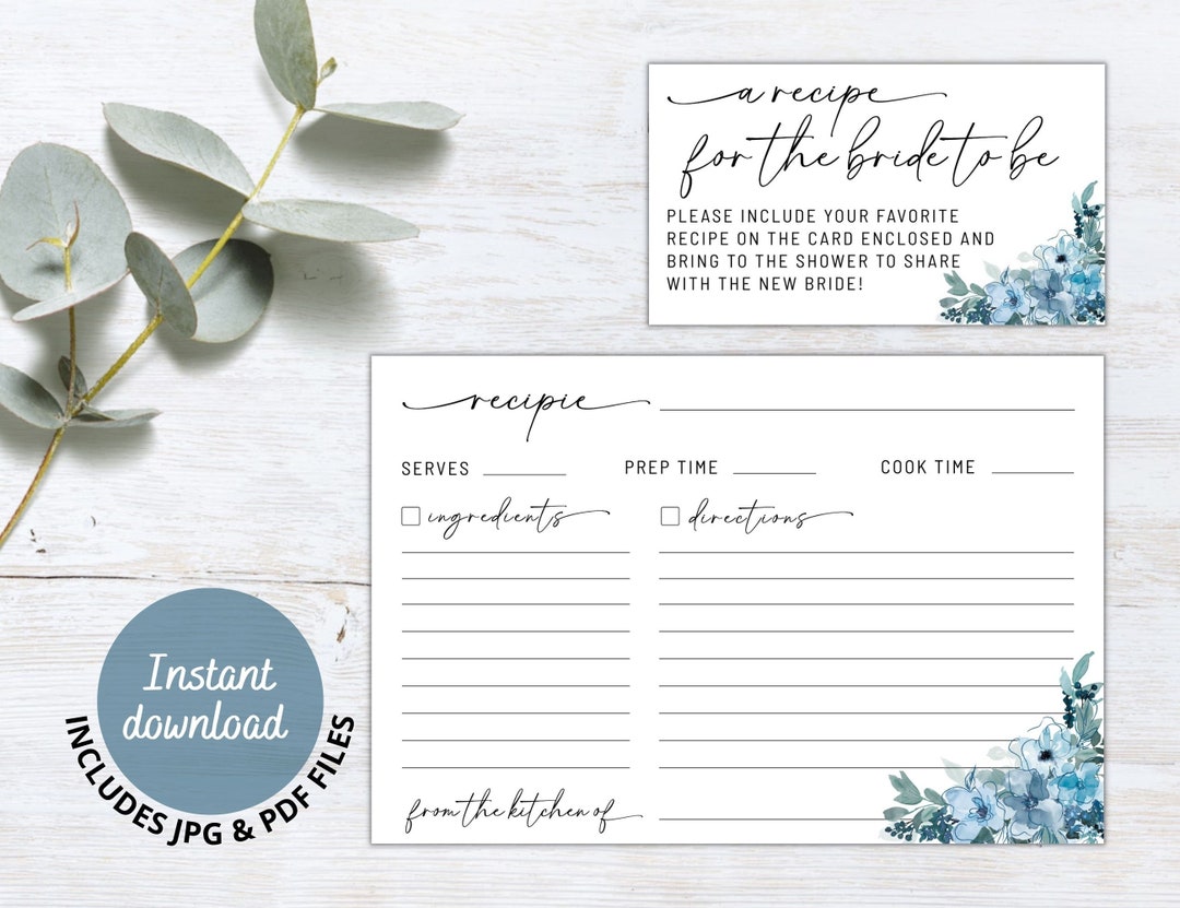 Boho Bridal Shower Recipe Card Printable With Dusty Blue Florals ...