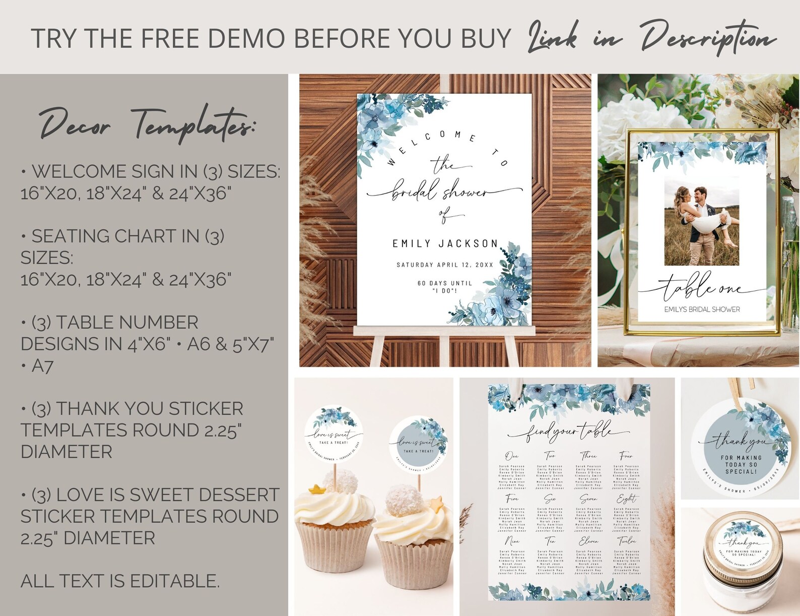 Dusty Blue Bridal Shower Bundle, Boho Floral Wedding Shower Invitation ...