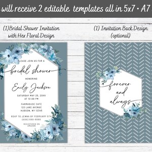 Blue and Silver Floral Bridal Shower Invitation Hexagon, Boho Editable ...