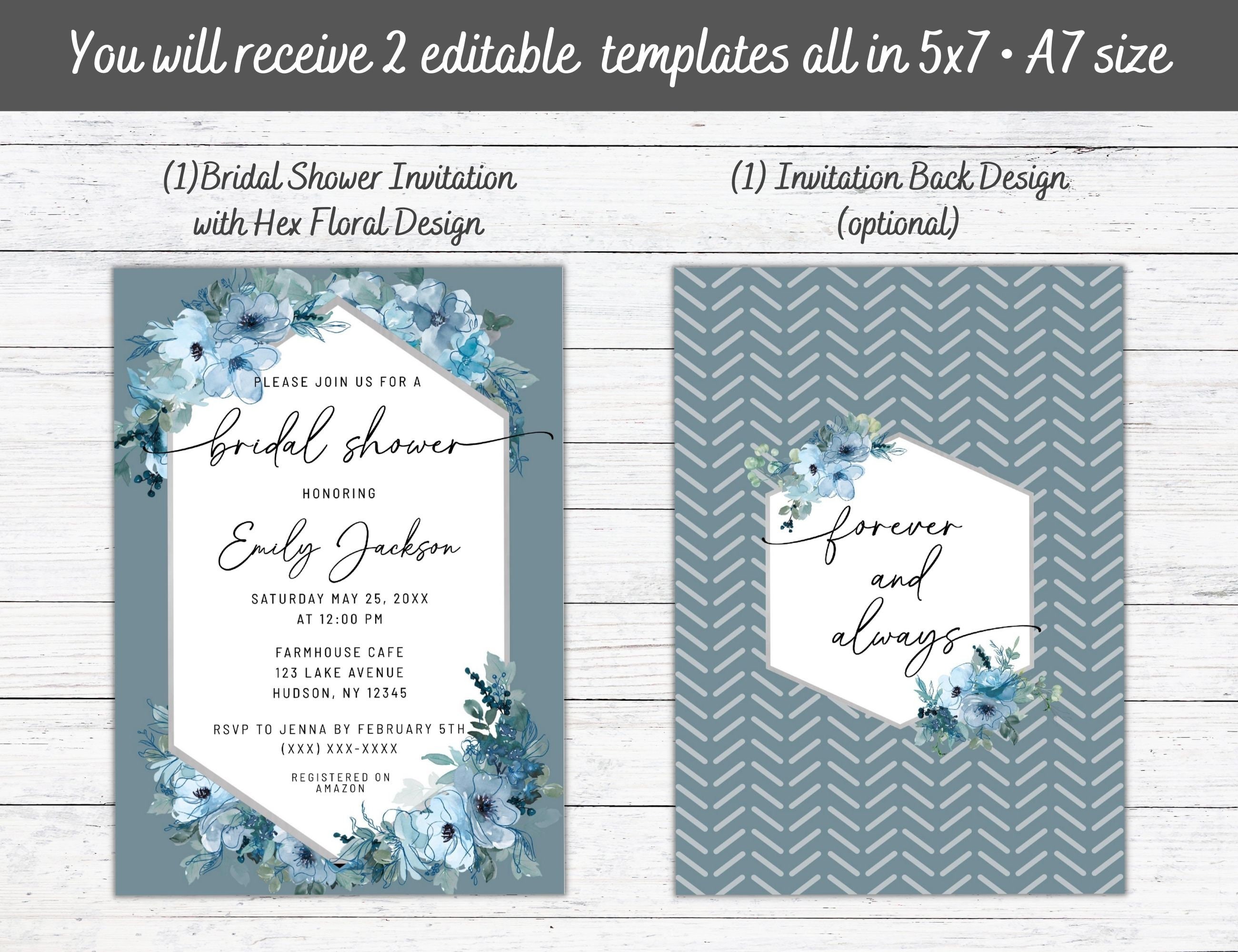 Blue and Silver Floral Bridal Shower Invitation Hexagon, Boho Editable ...
