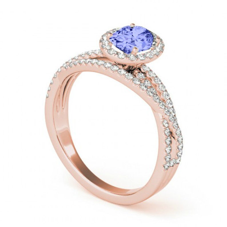 8x6mm Oval Tanzanite And Diamond Halo Engagement Ring 14k Rose Etsy