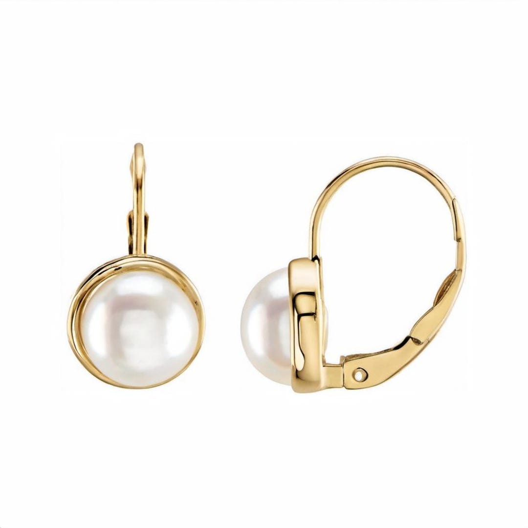 White Freshwater Pearl Lever Back Earrings 14k Yellow Gold Cultured ...
