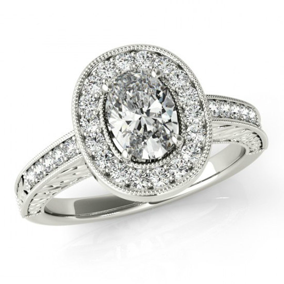 1.50 Carat Oval Forever One Moissanite & Diamond Halo Vintage Inspired ...