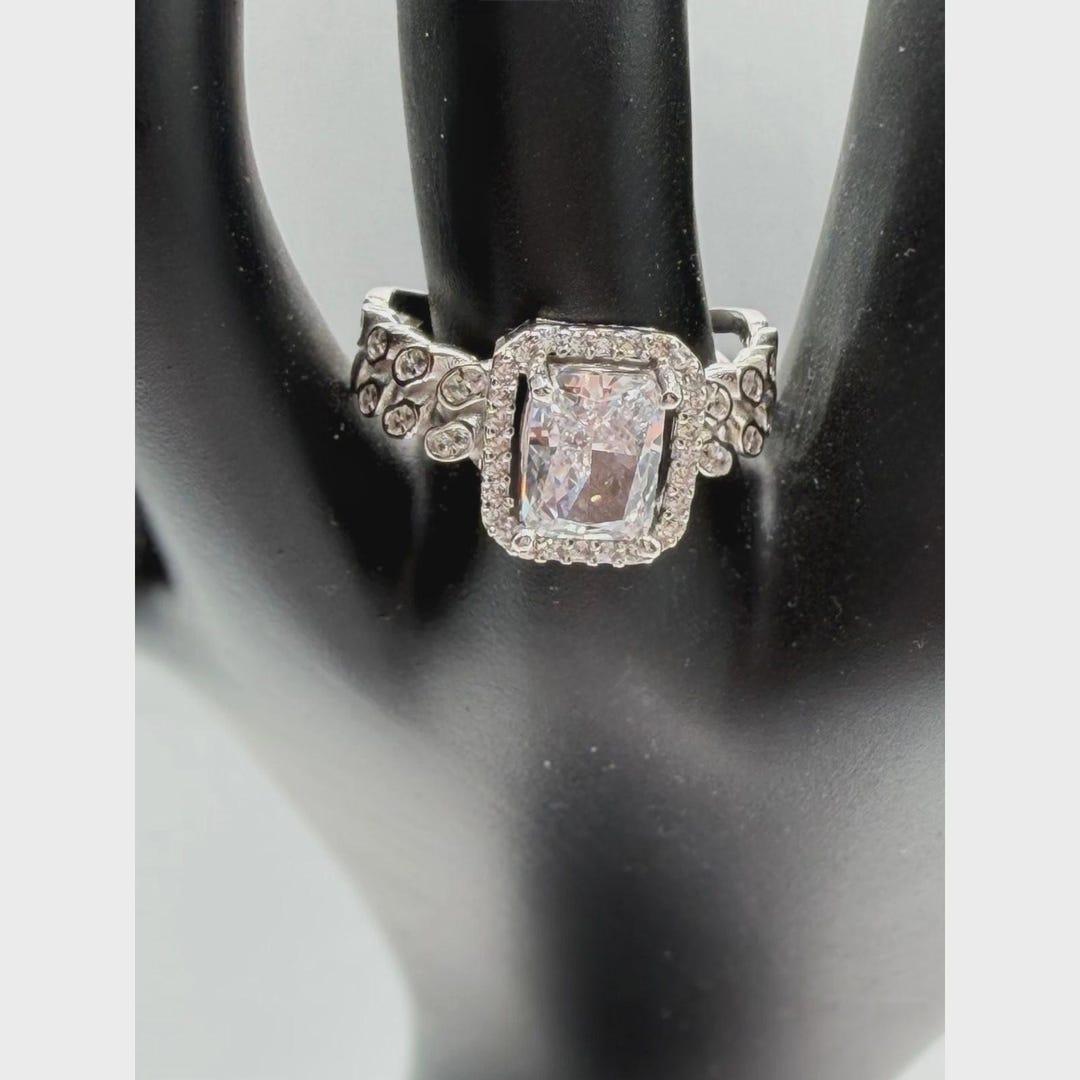 Sterling Silver Radiant Cut Halo Ring - Size 8.5 - Etsy