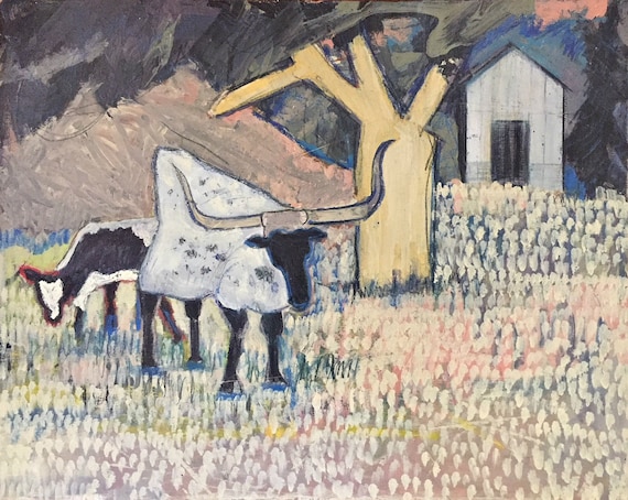 Abstract Outsider Art Primitive Painting Barn and Cow | Etsy