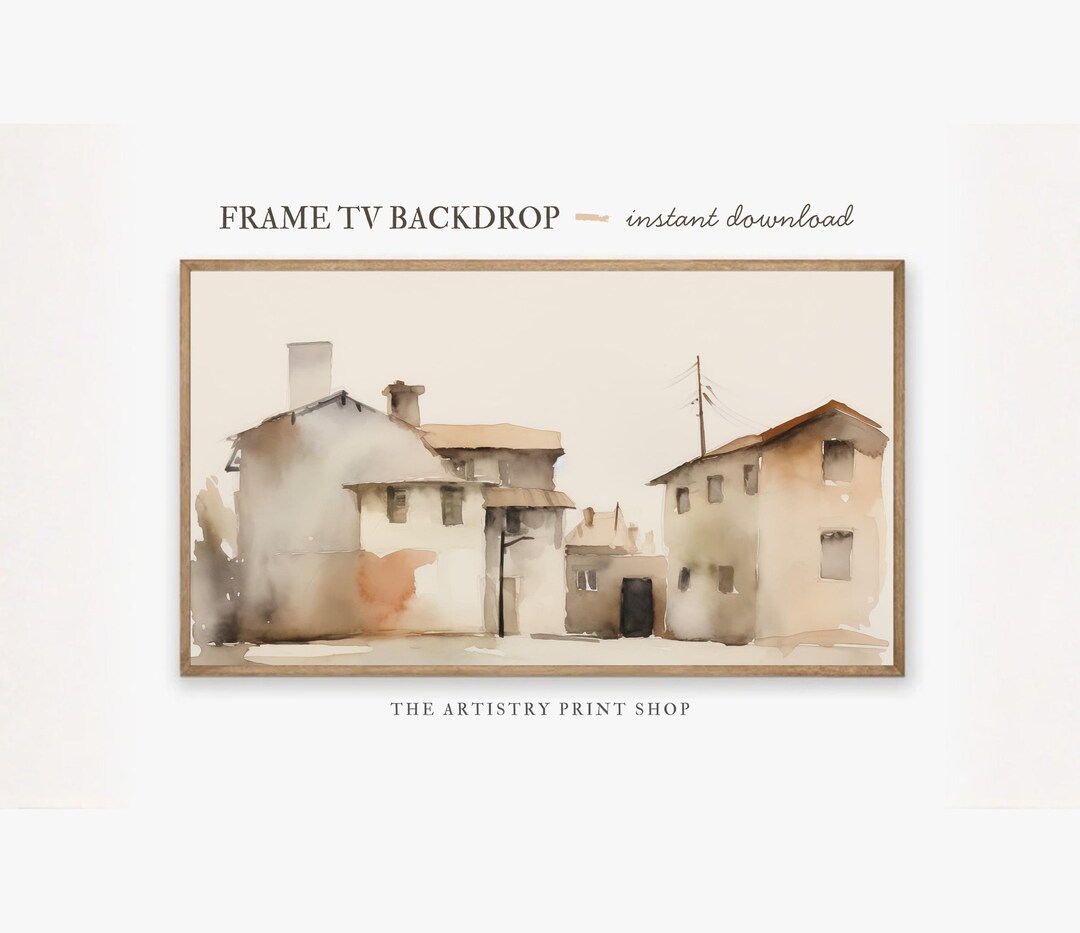 Neutral Village Watercolor Frame TV Art | Rustic European Home (digital ...