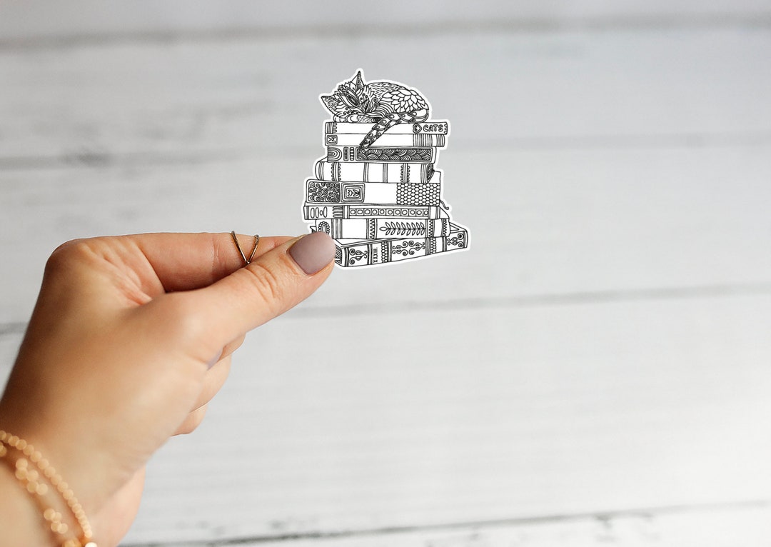 Cat on a Stack of Books Sticker / Book Sticker / Cat Sticker / Book ...