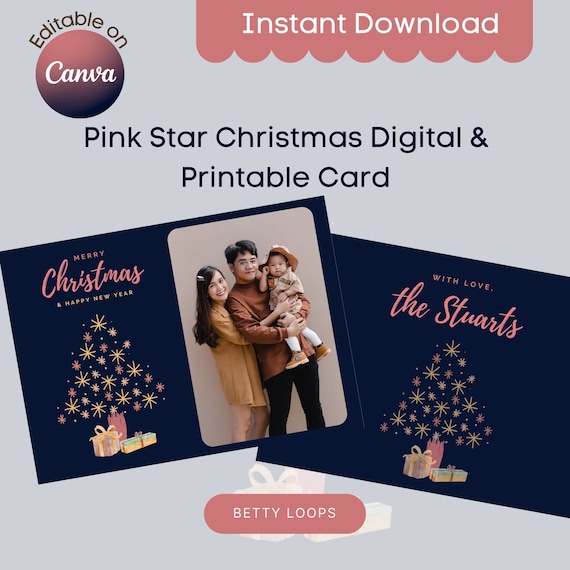 Pink Star Christmas Digital and Printable Card Template - Etsy