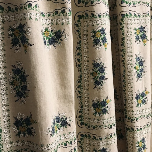 Modern Vintage Blue Floral Pattern Linen Cotton Curtain Ivory - Etsy