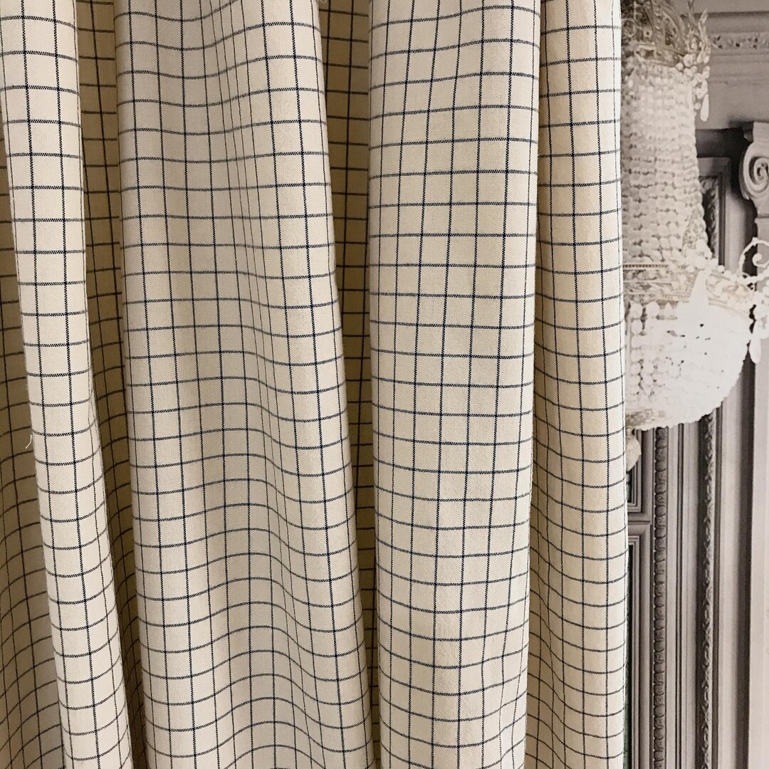 Modern Vintage Indigo Blue Check Curtain Washed Linen Cotton Curtain ...