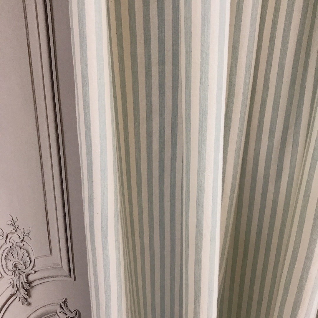 Modern Vintage Light Faded Sage Green Mint Striped Curtain With Ivory Background Cotton Drapery ...