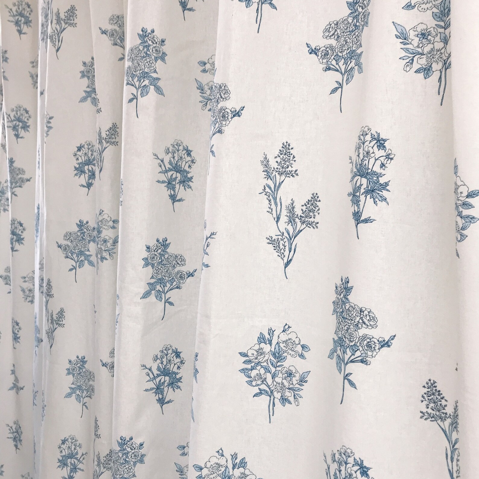 Modern Vintage Blue Floral Pattern Linen Cotton Curtain Ivory ...