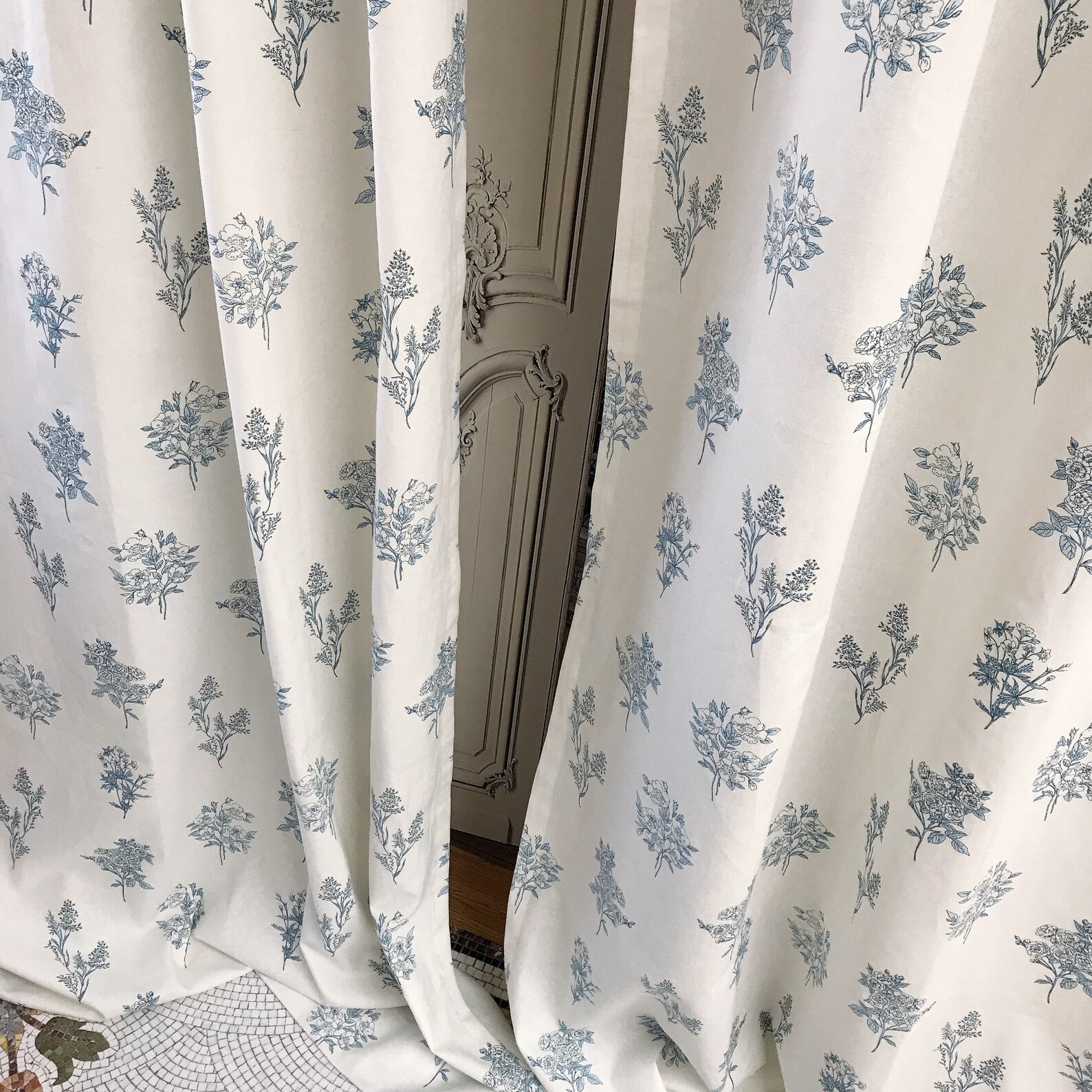 Modern Vintage Blue Floral Pattern Linen Cotton Curtain Ivory ...