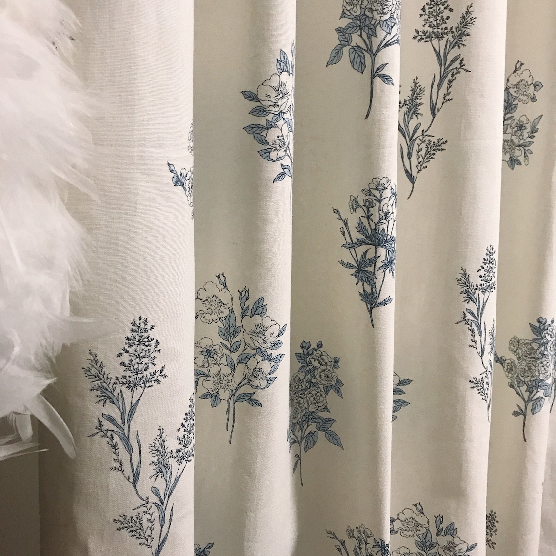 Modern Vintage Blue Floral Pattern Linen Cotton Curtain Ivory - Etsy