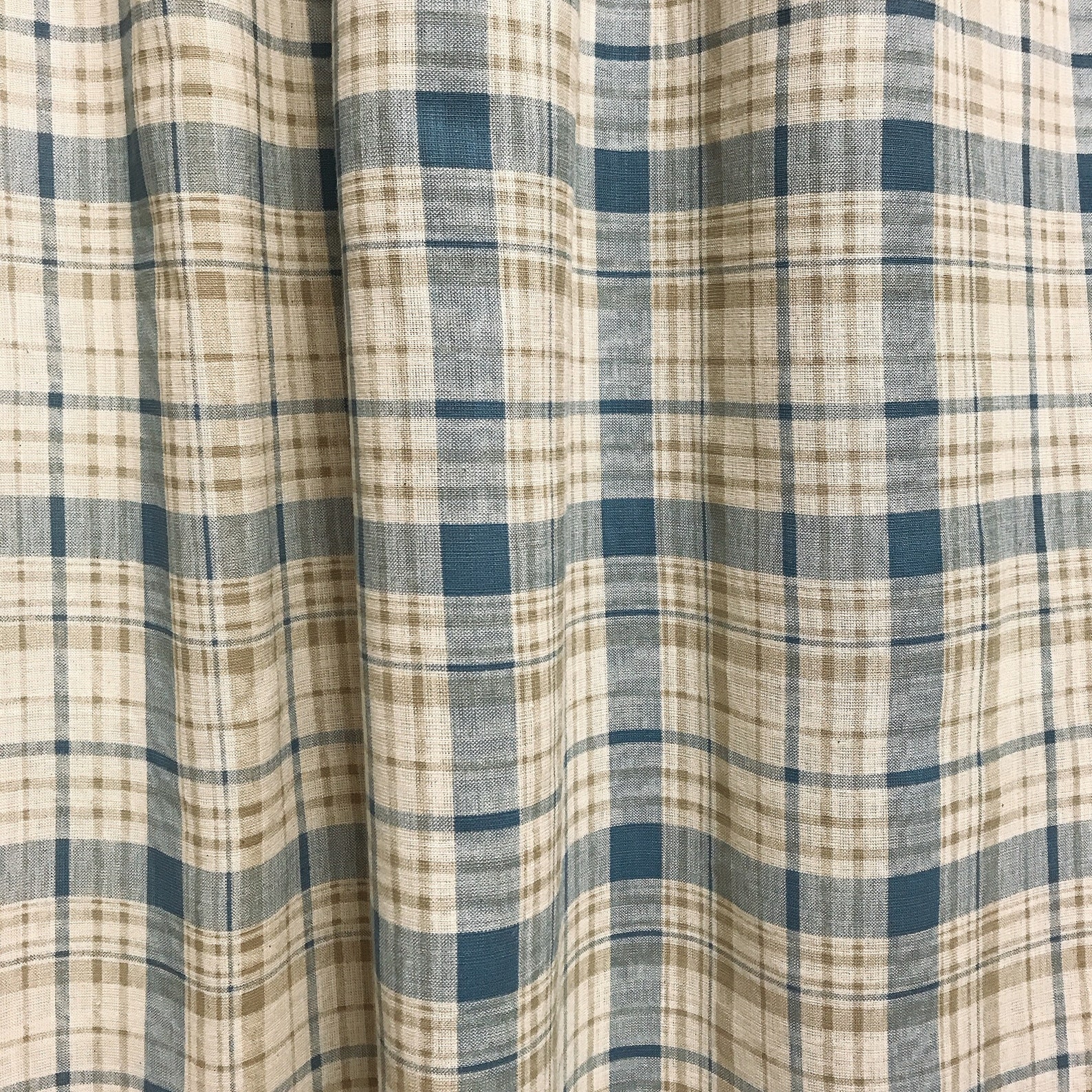 Vintage Blue Beige Check Plaid Curtains Washed Cotton Natural | Etsy
