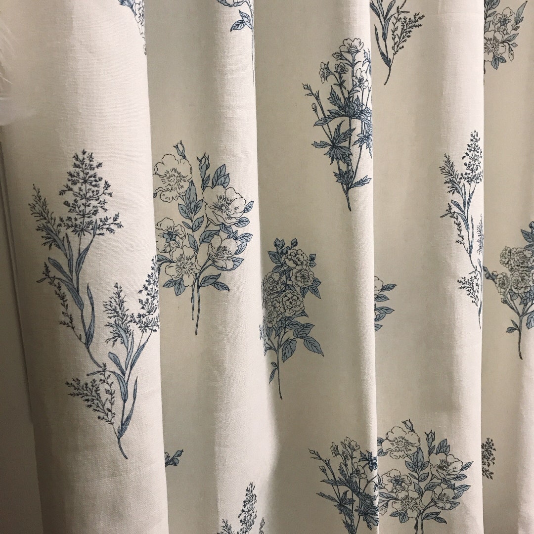 Modern Vintage Blue Floral Pattern Linen Cotton Curtain Ivory - Etsy