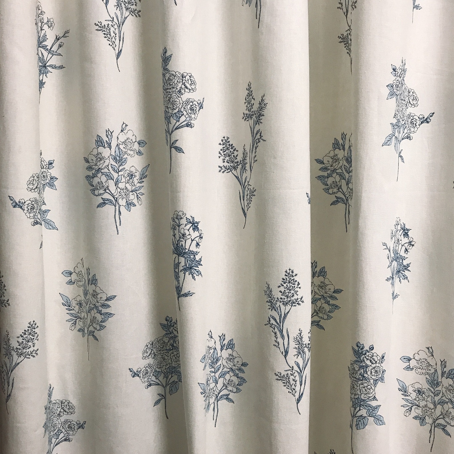 Modern Vintage Blue Floral Pattern Linen Cotton Curtain Ivory ...