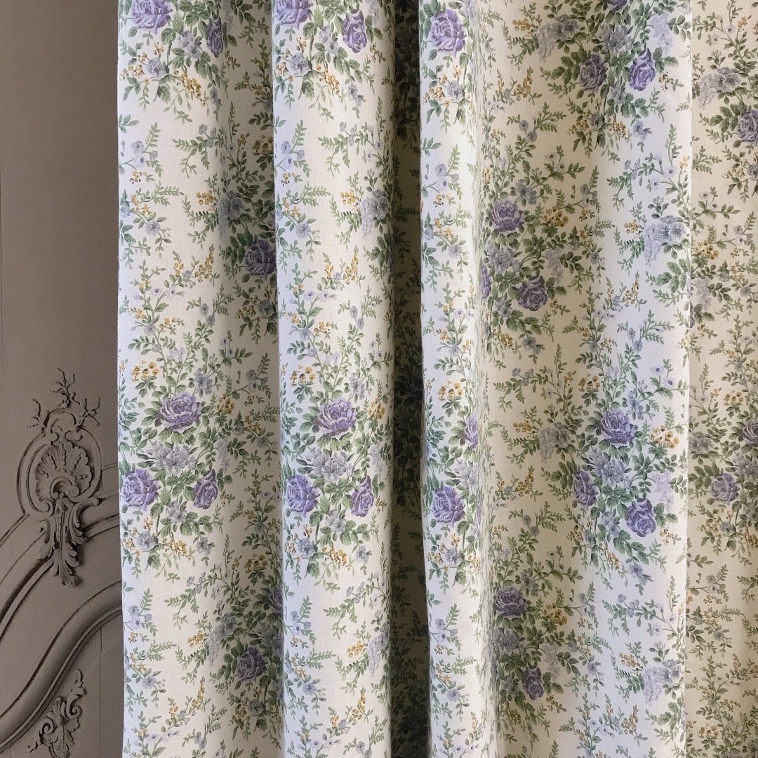 Modern Vintage Purple Floral Pattern Washed Cotton Curtain Natural ...