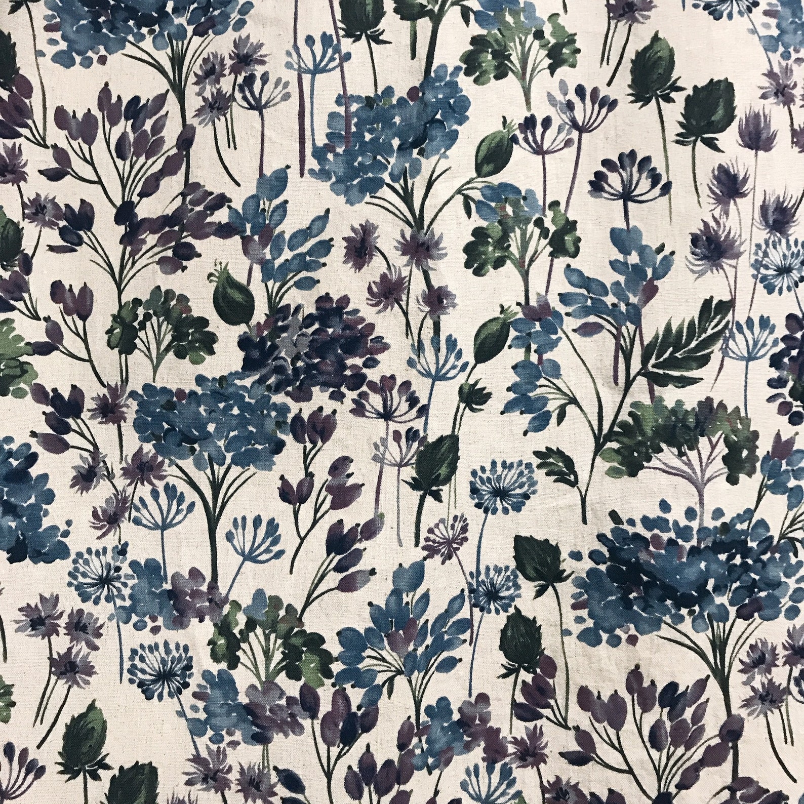 Modern Vintage Purple Blue Floral Pattern Linen Cotton Curtain | Etsy