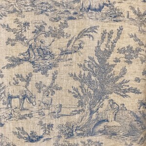 Modern Vintage Blue Toile Pattern Washed Linen Curtain Tan Oatmeal ...