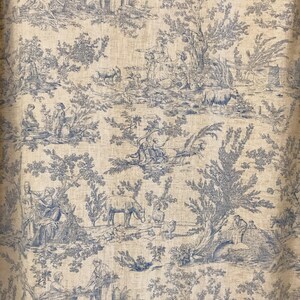 Modern Vintage Blue Toile Pattern Washed Linen Curtain Tan Oatmeal ...