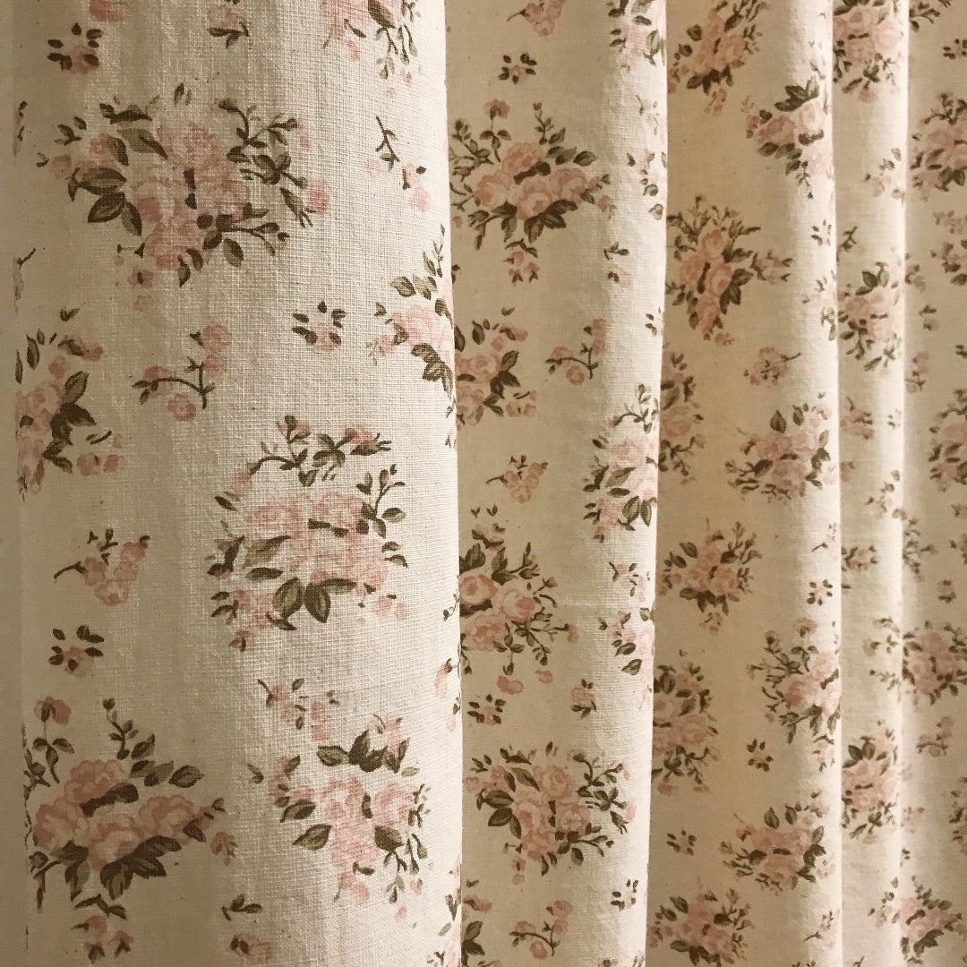 Modern Vintage Pink Roses Pattern Washed Cotton Curtain Natural Beige ...