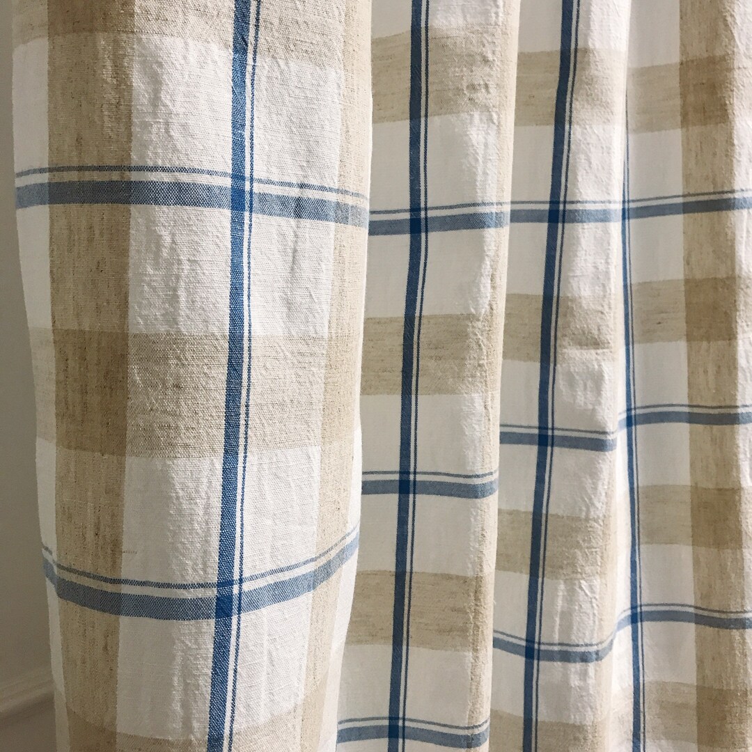 Modern Vintage Beige Ivory Blue Check Plaid Check Curtain Washed Linen ...