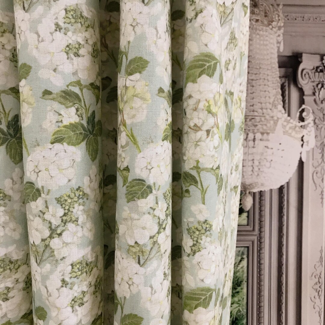 Modern Vintage Light Grey Hydrangea Print Washed Linen Cotton Curtain ...