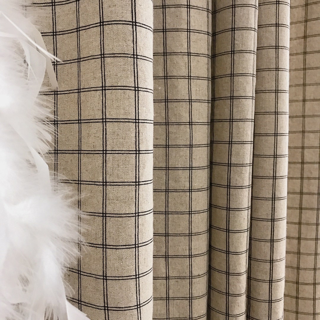 Modern Vintage Black Checkerboard Grid Print Washed Linen Cotton ...