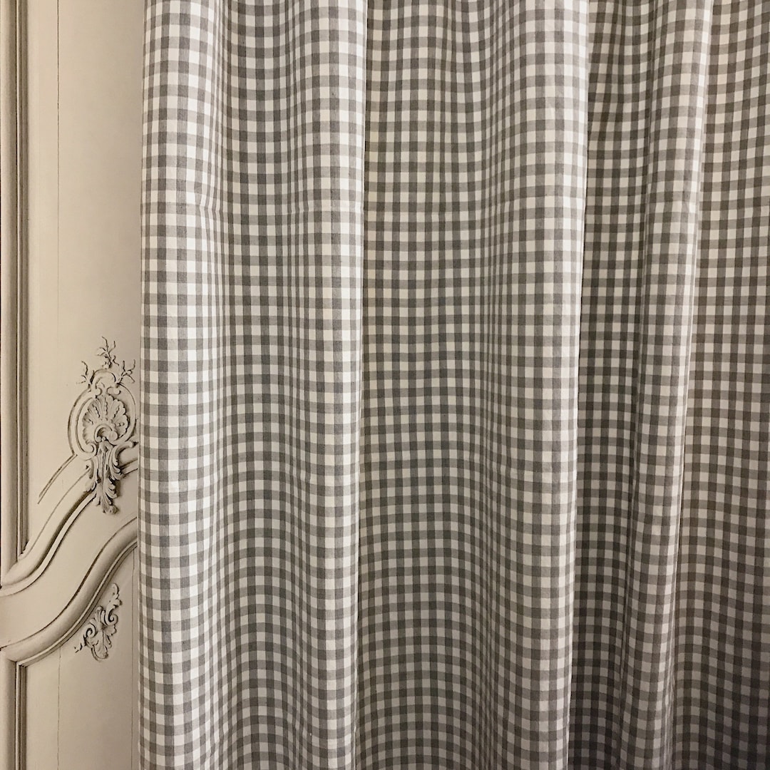 Modern Vintage Light Faded Grey Tiny Gingham Check Curtain With Ivory ...