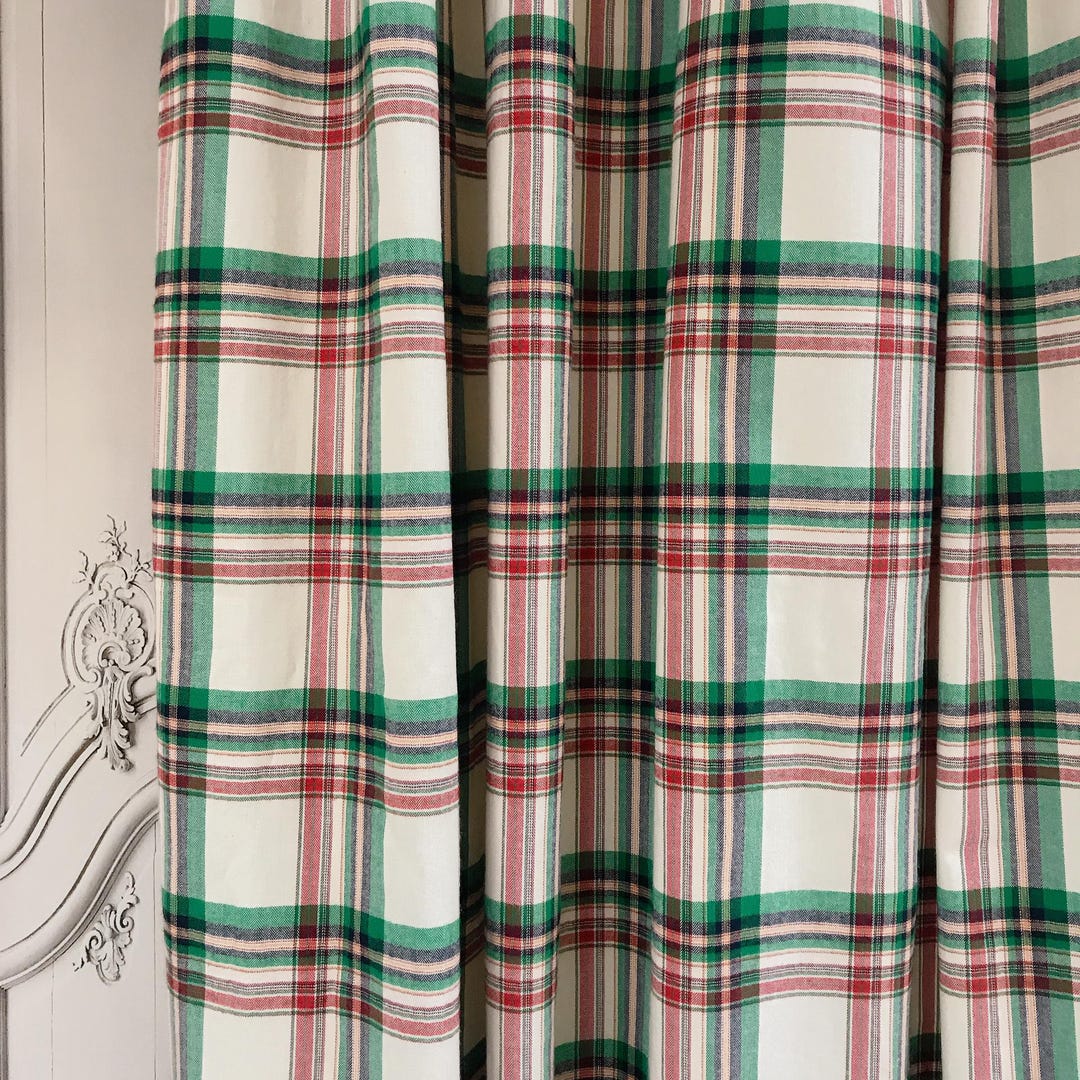 Modern Vintage Green Red Indigo Blue Plaid Check Blushed Curtain Ivory ...