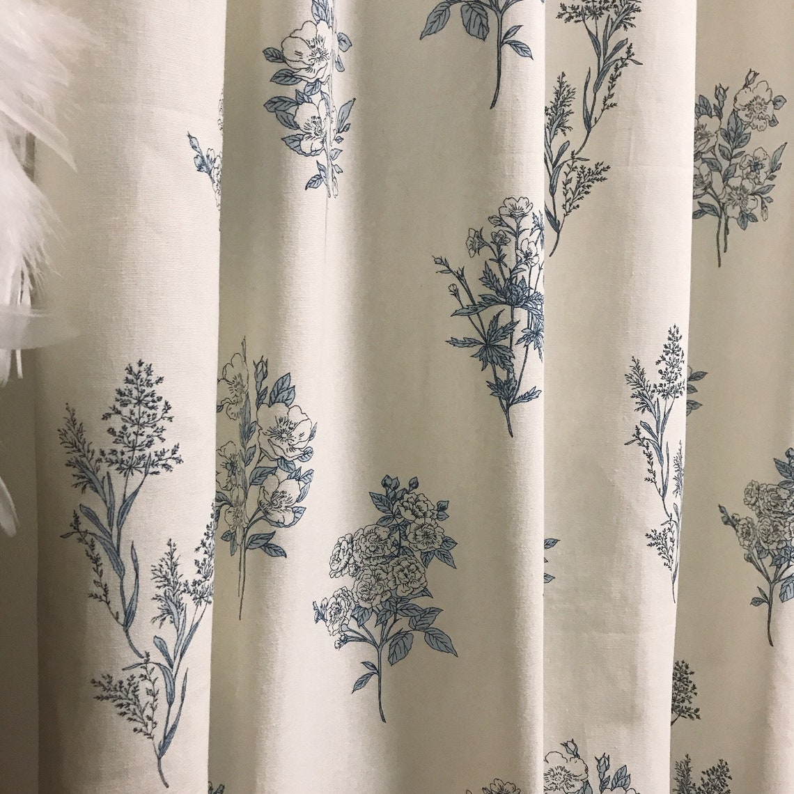 Modern Vintage Blue Floral Pattern Linen Cotton Curtain Ivory - Etsy