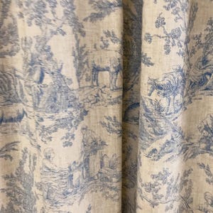 Modern Vintage Blue Toile Pattern Washed Linen Curtain Tan Oatmeal ...