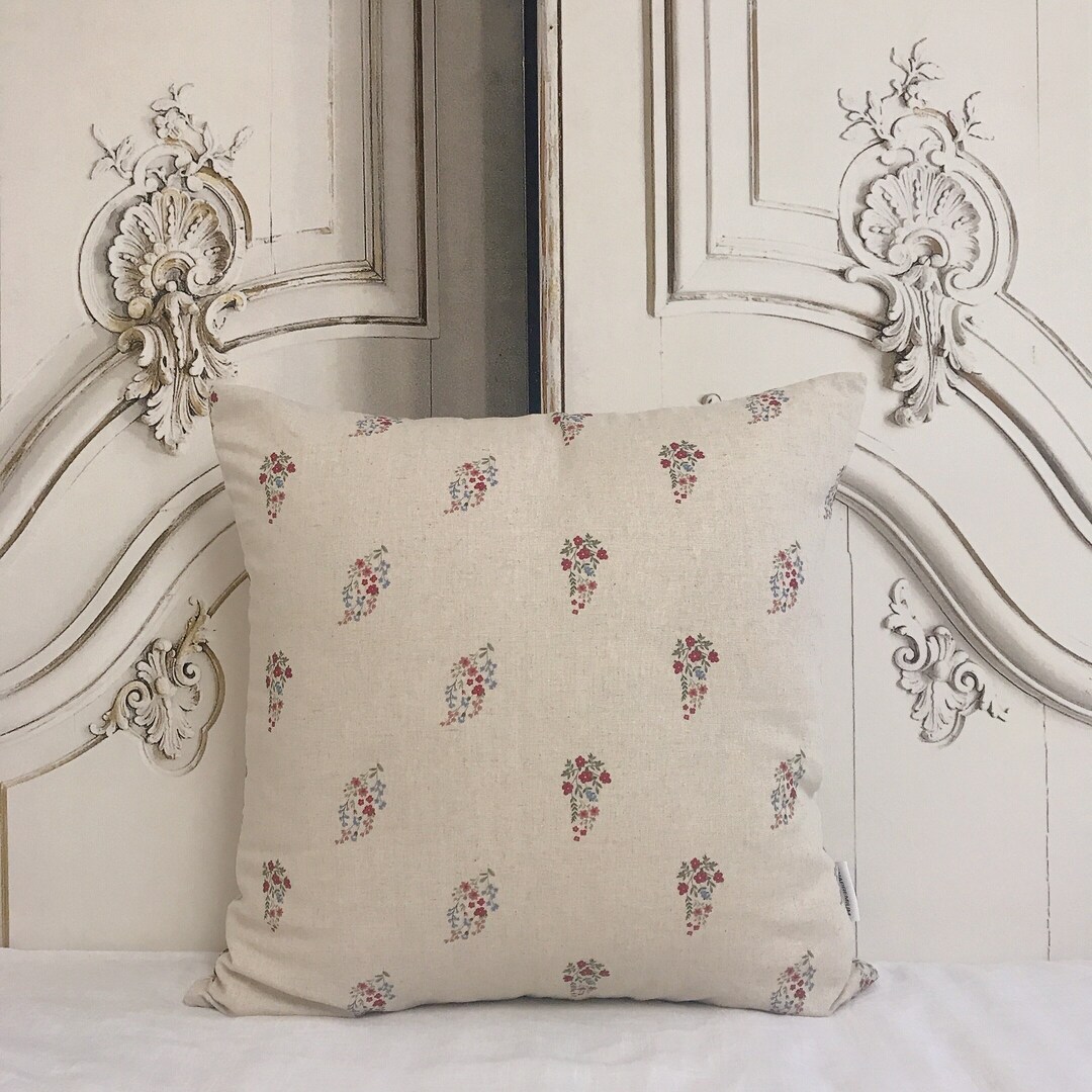 Modern Vintage Red Pink Floral Pattern Cushion Cover With Natural Beige ...