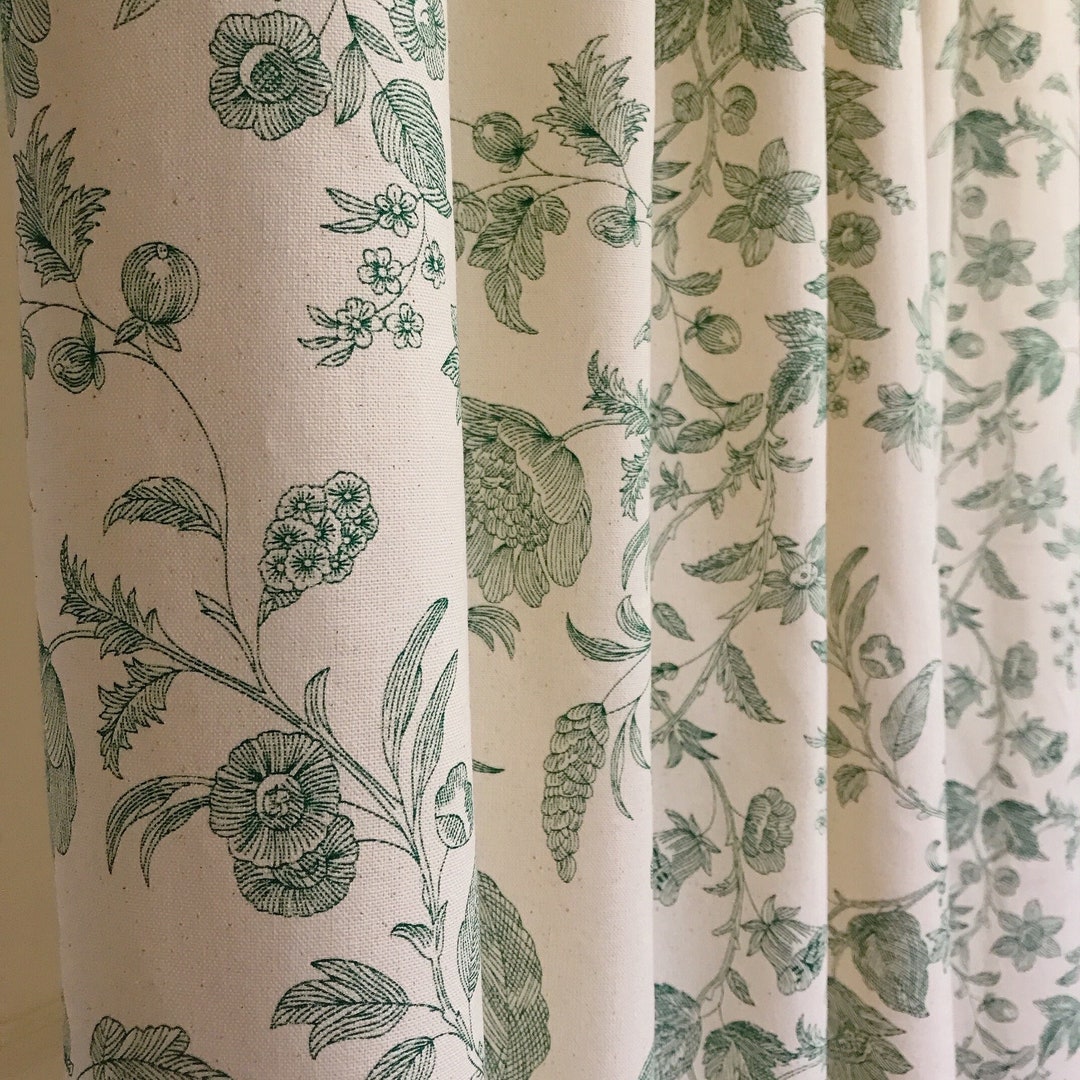 Modern Vintage Green Floral Patterned Oxford Cotton Curtain Natural ...