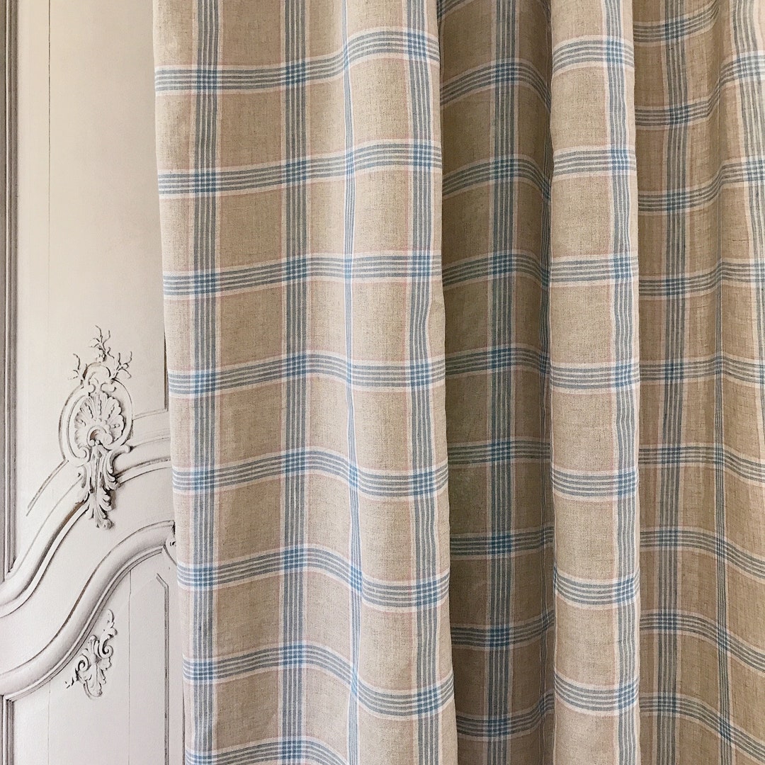 Modern Vintage Blue White Plaid Pattern Washed Linen Checkered Curtain ...