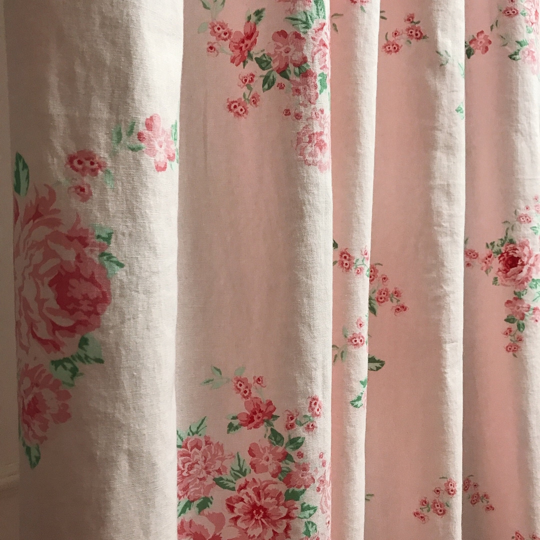 Modern Vintage Pink Large Floral Pattern Washed Linen Cotton Curtains ...