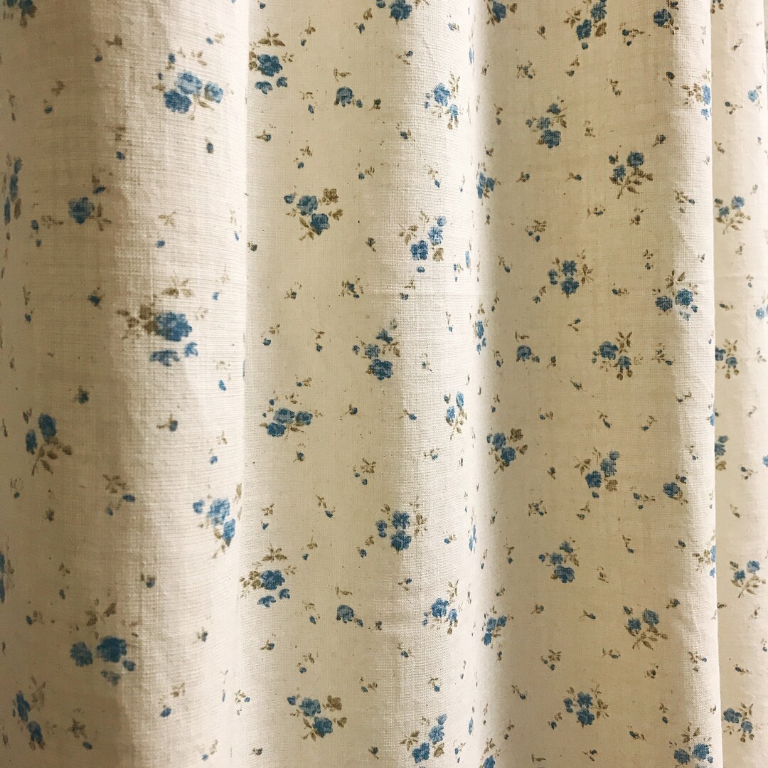 Modern Vintage Blue Floral Pattern Washed Cotton Curtain Natural Beige ...