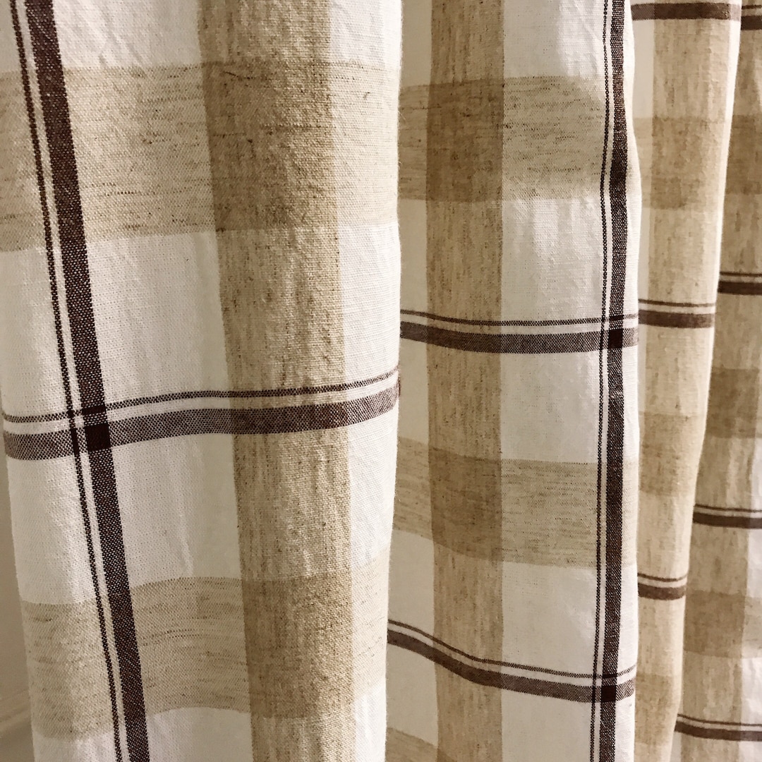 Modern Vintage Brown Beige Ivory Checkered Plaid Curtain Washed Linen ...