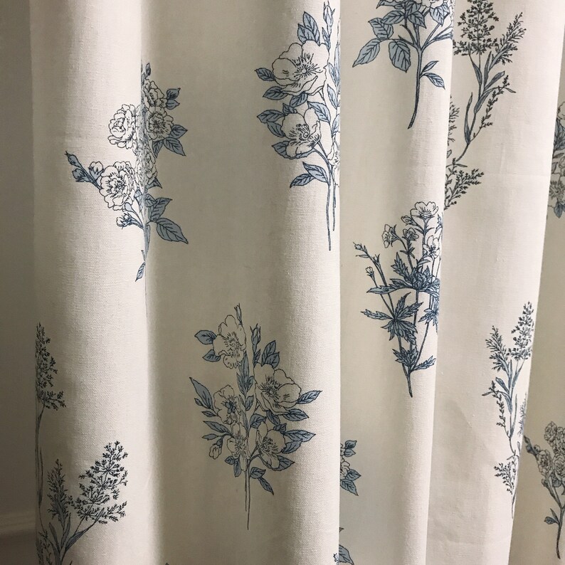 Modern Vintage Blue Floral Pattern Linen Cotton Curtain Ivory - Etsy