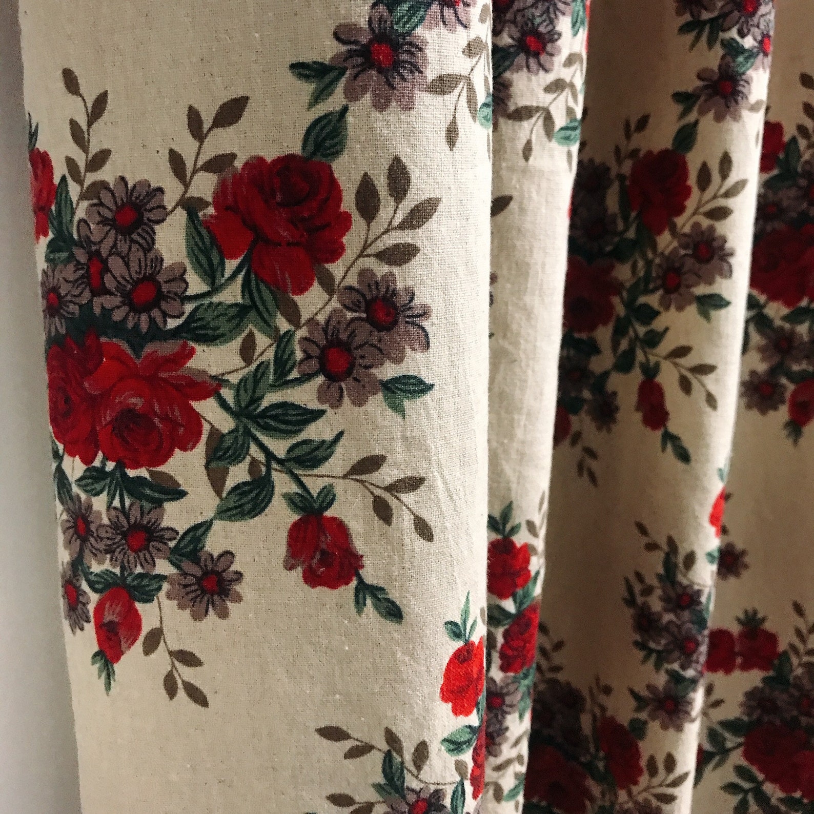 Modern Vintage Dark Red Floral Pattern Washed Linen Cotton - Etsy