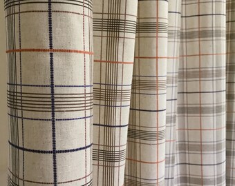 Modern Vintage Blue Check Plaid Pattern Washed Linen Cotton Curtain ...