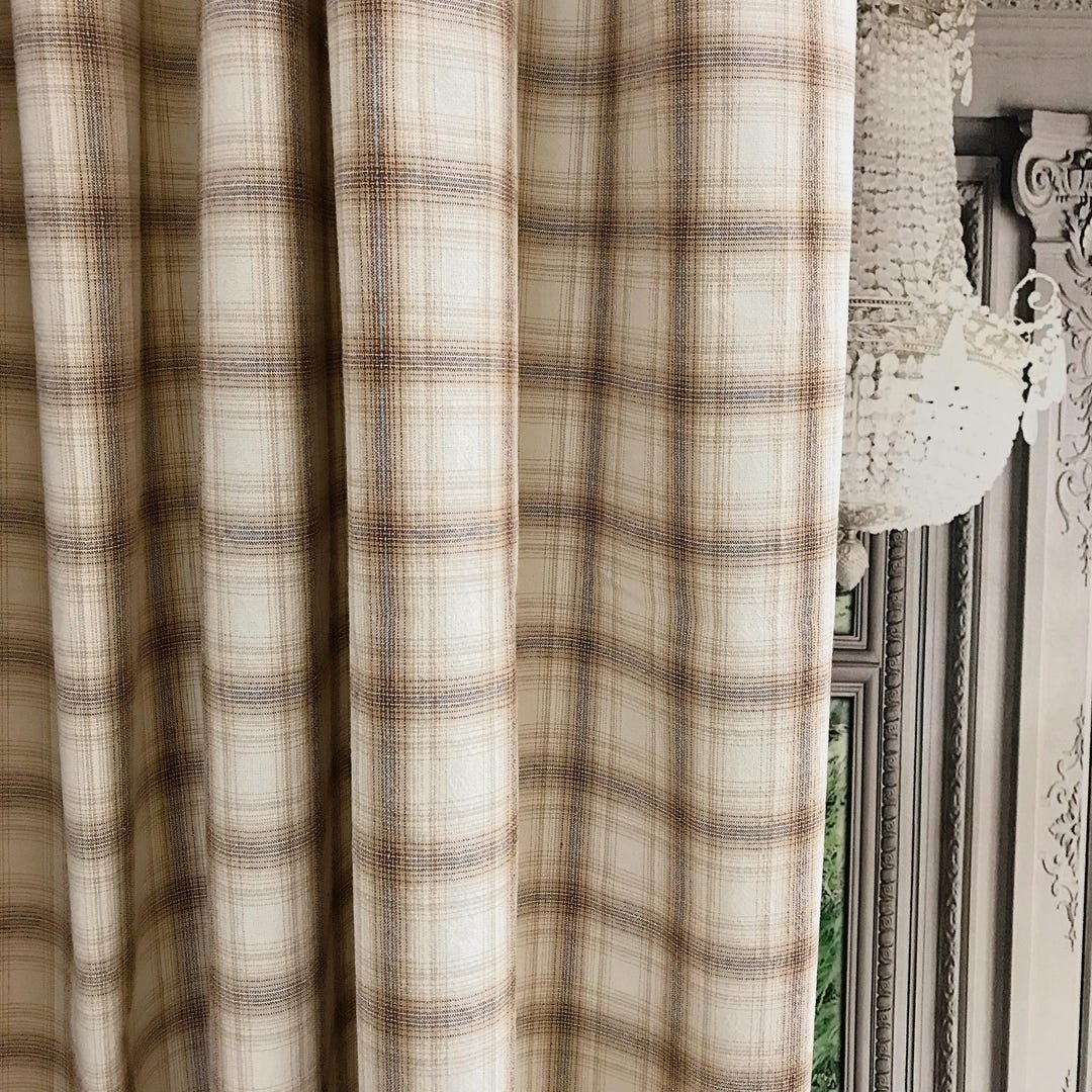 Modern Vintage Brown Blue Plaid Check Curtain With Natural Beige ...